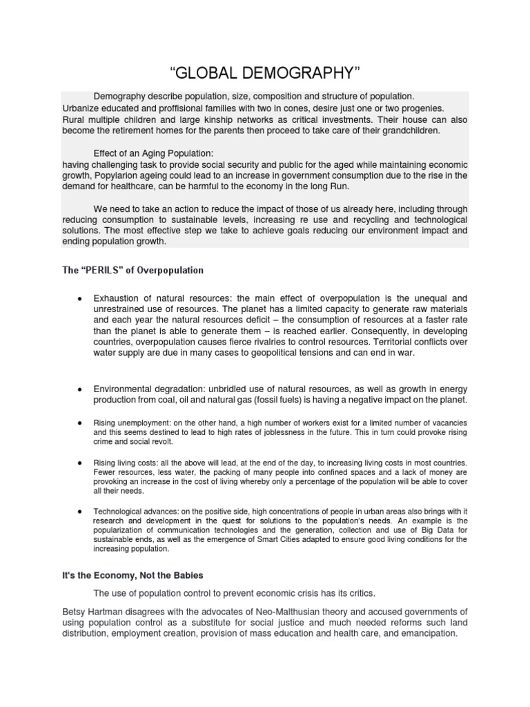 "Global Demography": The "PERILS" of Overpopulation | PDF | Food ...