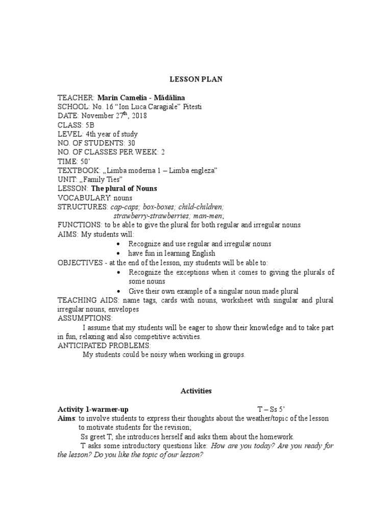 Lesson Plan: Strawberry-Strawberries Man-Men | PDF | Plural ...
