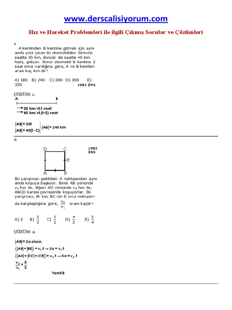 Hız Ve Hareket Problemleri | PDF