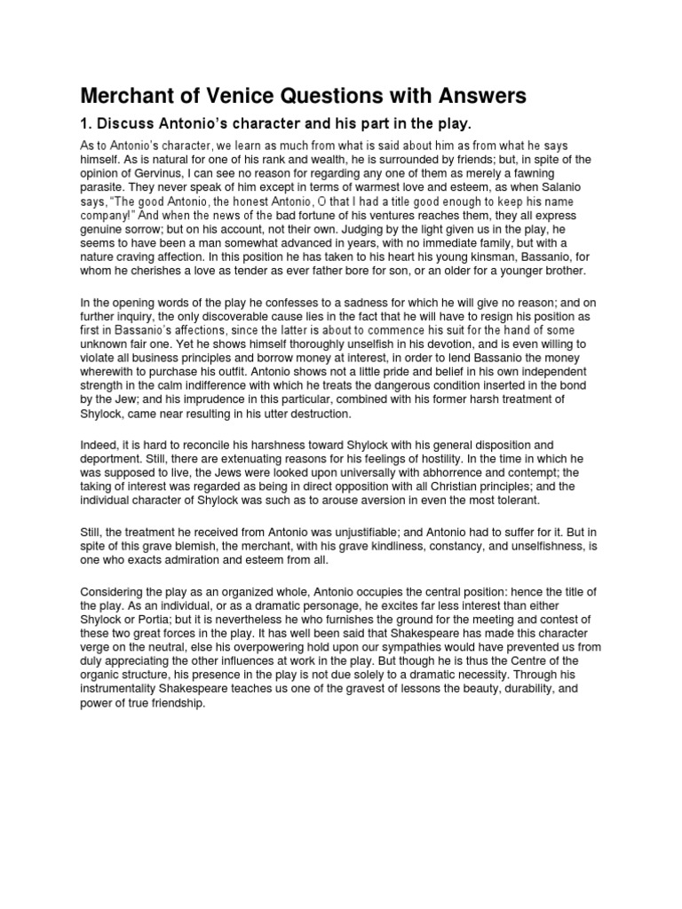 Merchant of Venice Questions With Answers | PDF | The Merchant Of ...