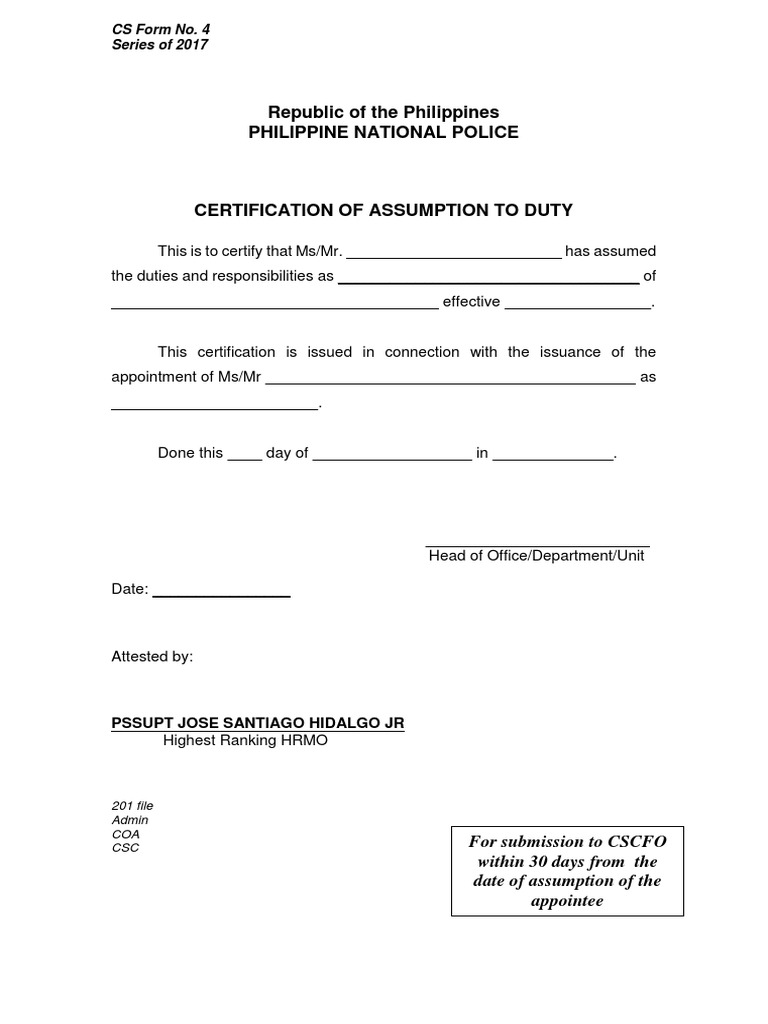Cs Form No. 4 Certification of Assumption To Duty 2 | PDF