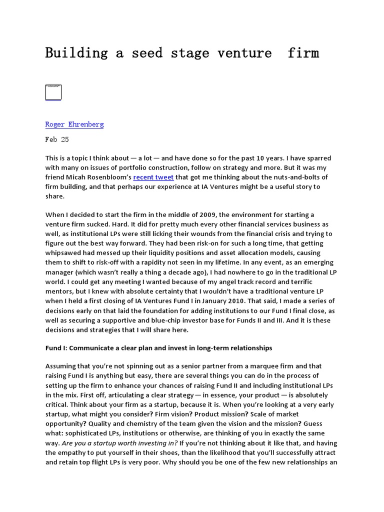 Building A Seed Stage Venture Firm | PDF | Startup Company | Small ...
