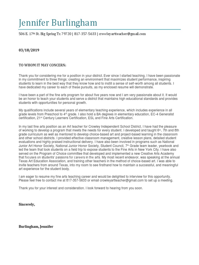 Art Cover Letter | PDF | Students | Teachers