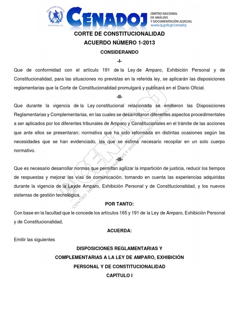 Acuerdo 1-2013-Disposiciones-Reglamentarias-Y-Complementarias-A-La-Ley-De-Amparo | PDF ...