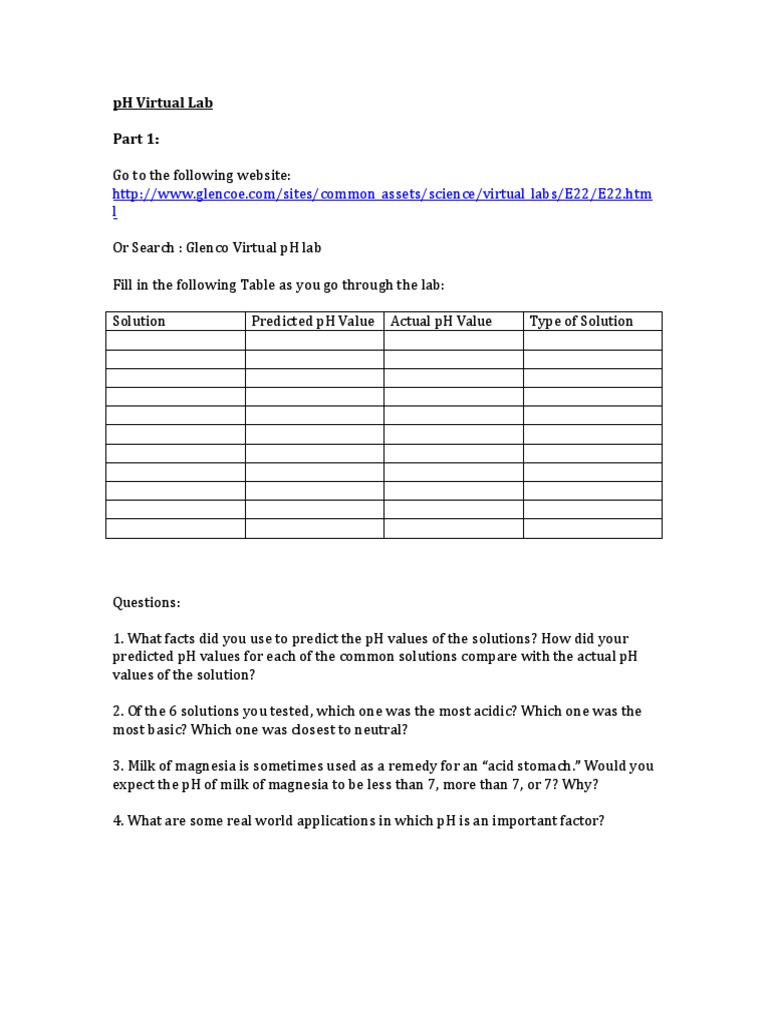 pH Values in Virtual Lab Experiments | PDF | Science & Mathematics