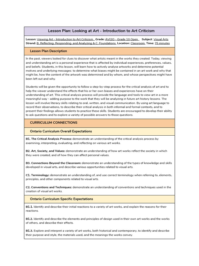 Lesson Plan Looking at Art - Introduction To Art Criticism 3 | PDF ...