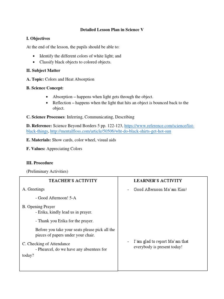 A Detailed Lesson Plan in Science and Health Grade 6 | PDF | Rainbow ...