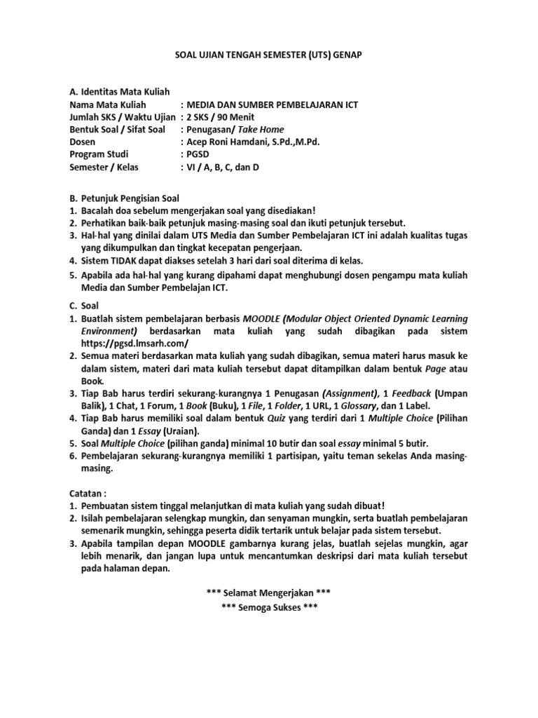 Soal UTS Media Dan Sumber Pembelajaran ICT PGSD 2019 | PDF