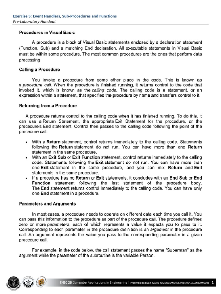 Pre-Laboratory Handout: Exercise 5: Event Handlers, Sub-Procedures and ...