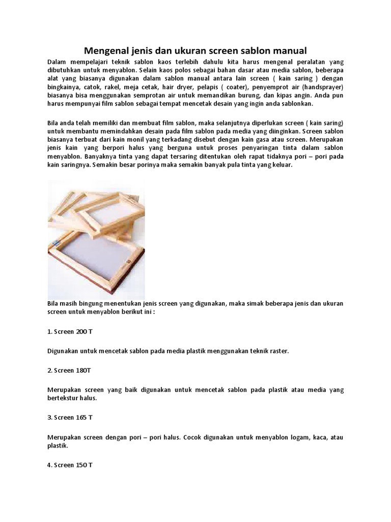 Mengenal Jenis Dan Ukuran Screen Sablon Manual | PDF