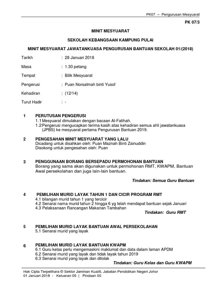 Minit Mesyuarat Jawatankuasa Bantuan Murid Peringkat Sekolah Kali Pertama 2018 | PDF