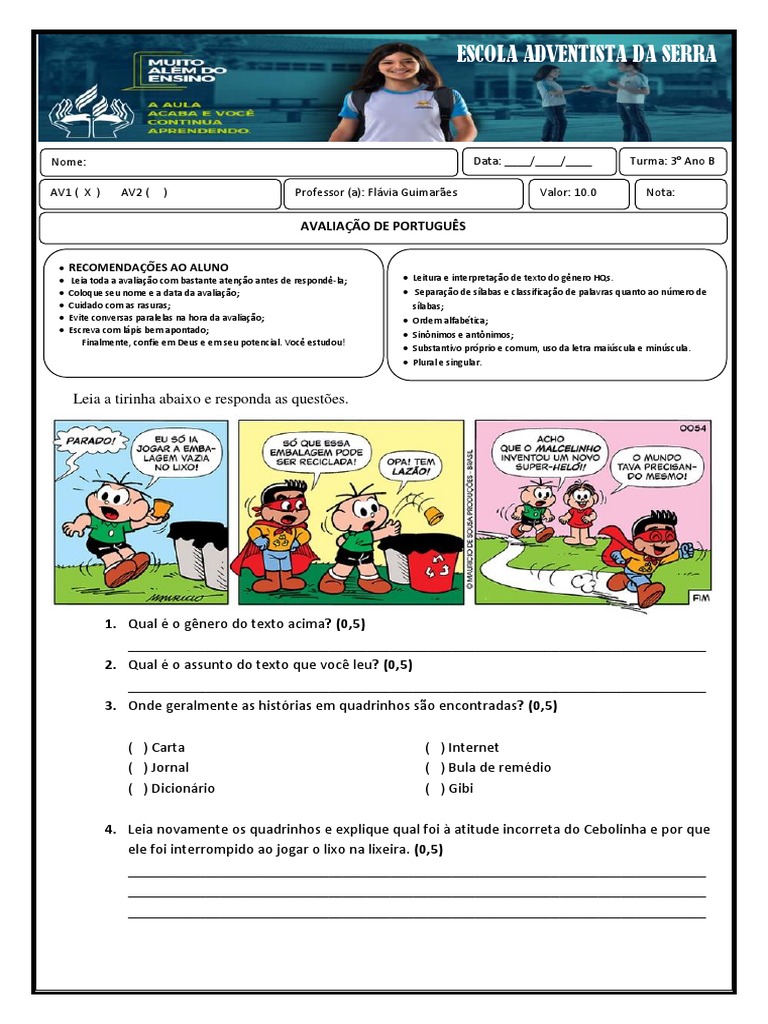 Prova de português 3 ano | Sílaba | Reciclagem