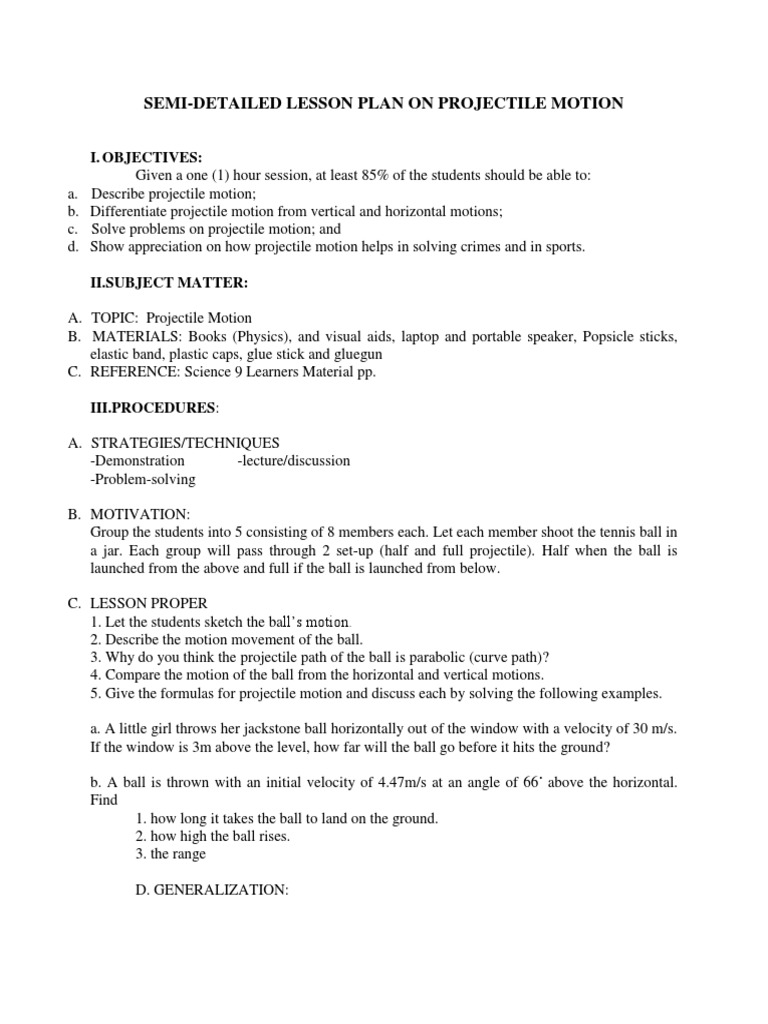 Grade 9 Projectile Motion Lesson Plan | PDF | Physics | Mechanical ...