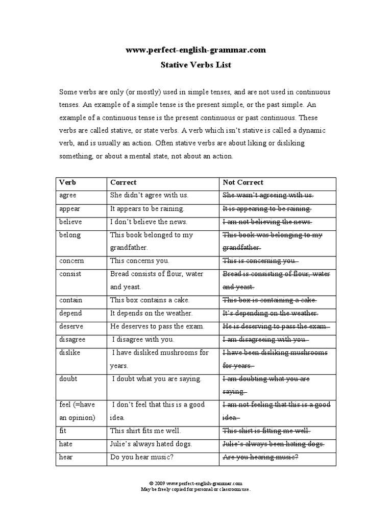 Stative Verbs List Pdf Pdf Grammatical Tense Verb