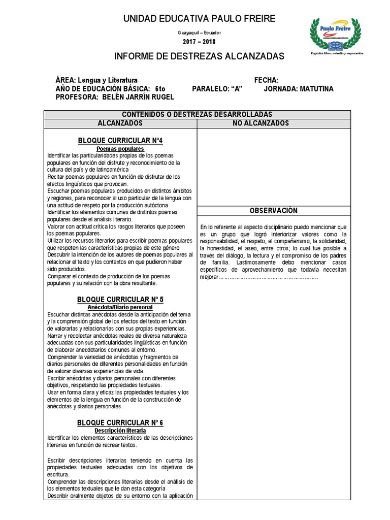 2 Informe de Destrezas Alcanzadas 6to | PDF | Colombia | Naturaleza