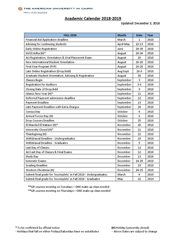 2018-2019 Academic Calendar Overview | PDF | Academic Term | Holidays