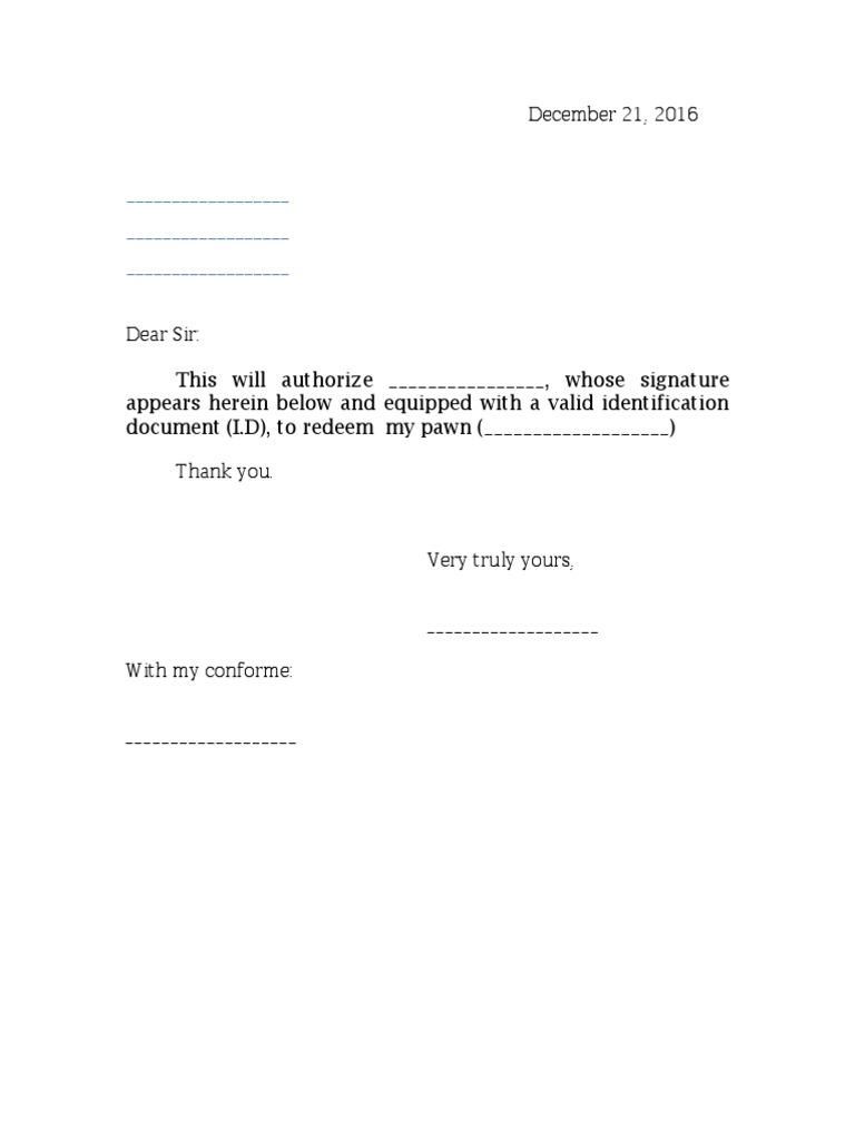 Pawn Redemption Authorization Letter | PDF | Law