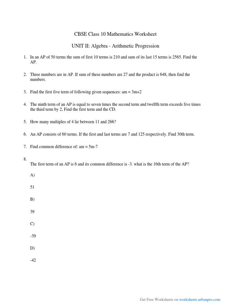 Arithmetic Progression CBSE Class 10 Worksheet | PDF | Arithmetic | Elementary Mathematics