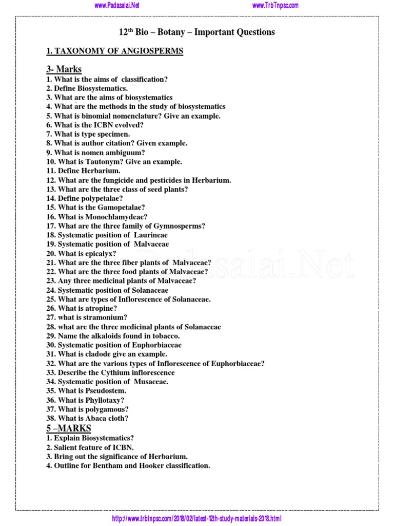 Class 12 Botany Important Questions | PDF | Plant Stem | Leaf