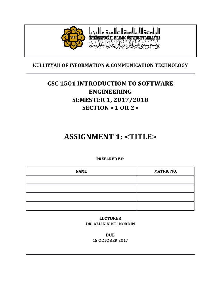 Assignment 1: : CSC 1501 Introduction To Software Engineering SEMESTER 1, 2017/2018 Section ...