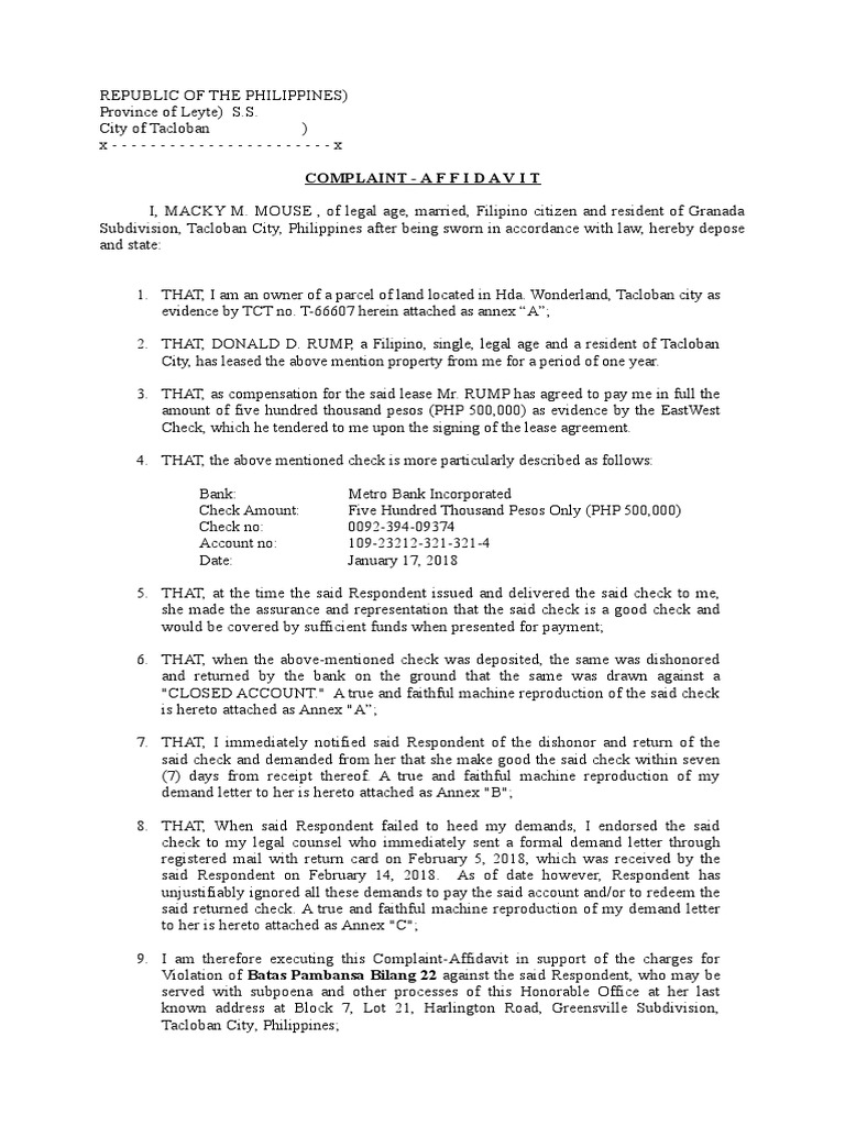 Complaint Form For ESTAFA Case | Download Free PDF | Fraud | Lease