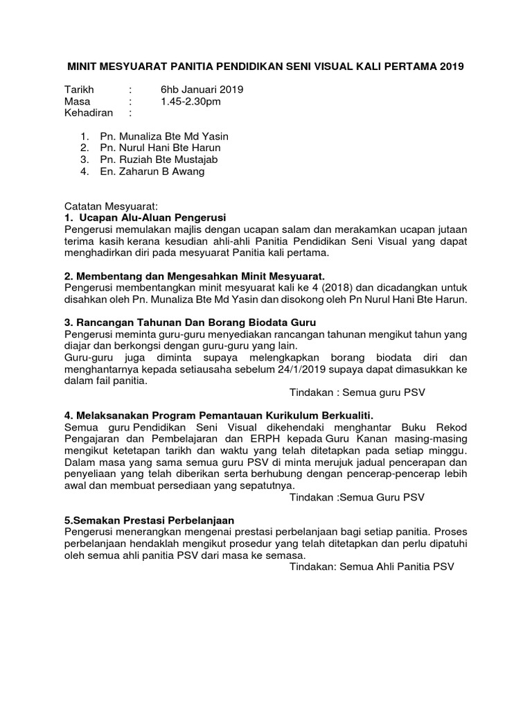 Minit Mesyuarat Panitia Pendidikan Seni Visual Kali Pertama | PDF
