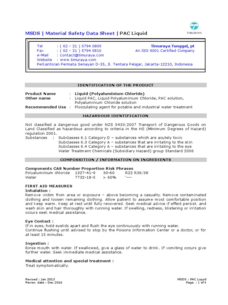MSDS - Material Safety Data Sheet - : PAC Liquid | Download Free PDF | Personal Protective ...