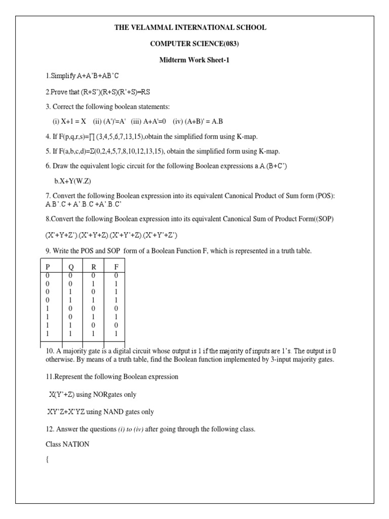 The Velammal International School Computer Science (083) Midterm Work Sheet-1 | PDF | Text File ...