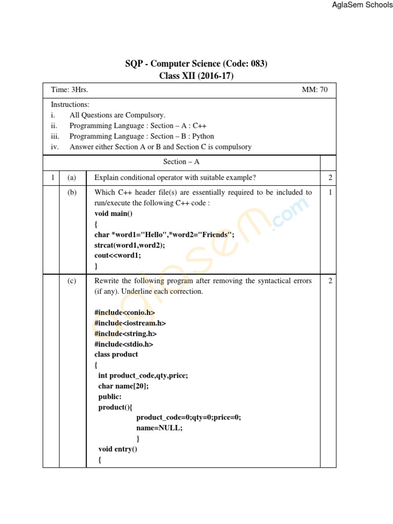 CBSE Sample Papers 2017 Class 12 Computer Science | PDF | Array Data Structure | Subroutine