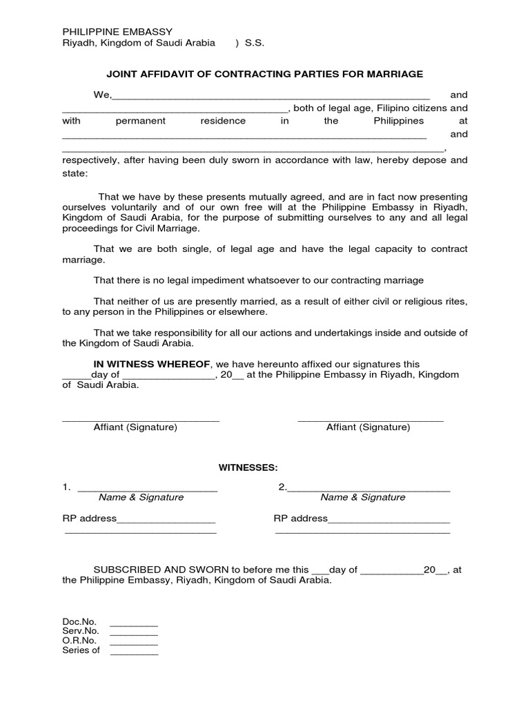 Joint Affidavit of Contracting Parties For Marriage: Witnesses | PDF