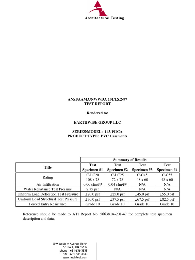 ANSI/AAMA/NWWDA 101/I.S.2-97 Test Report Rendered To: Earthwise Group ...