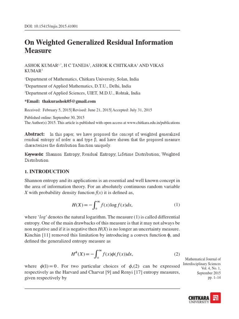 On Weighted Generalized Residual Information Measure | PDF | Probability Distribution ...