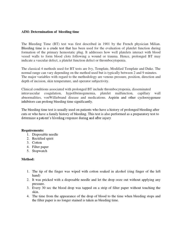 Bleeding Time Test Procedure | PDF | Bleeding | Platelet