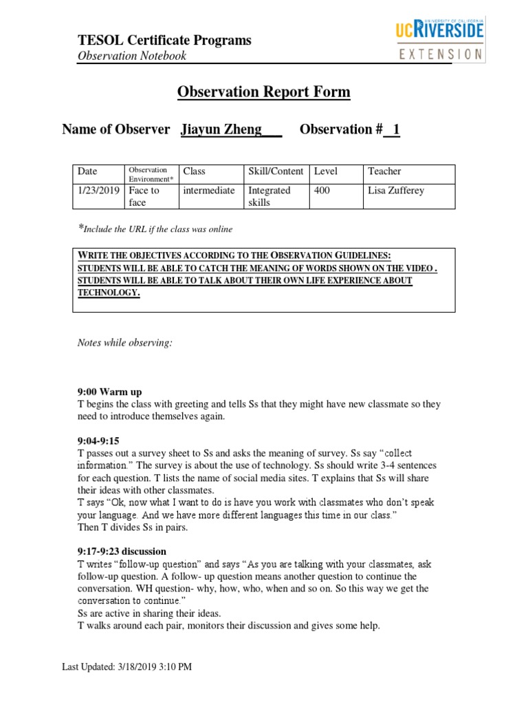 Observation Report Form: TESOL Certificate Programs | PDF | Question ...