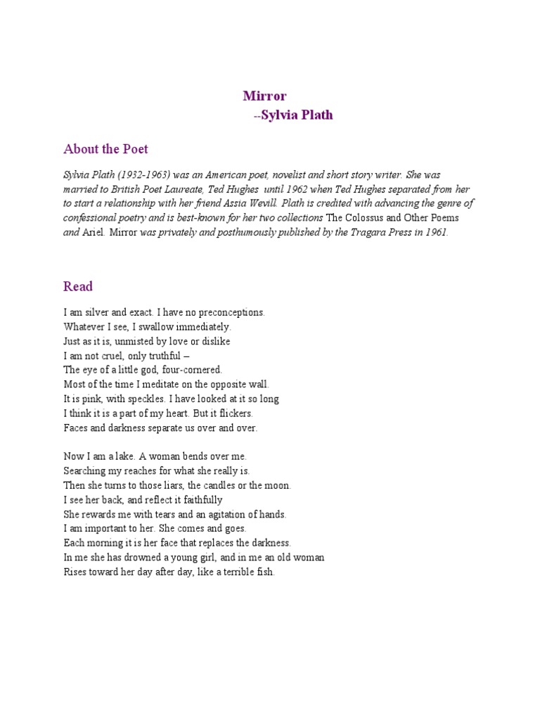 Sylvia Plath Mirror Pdf – CSEC English B: Mirror by Sylvia Plath Poem ...