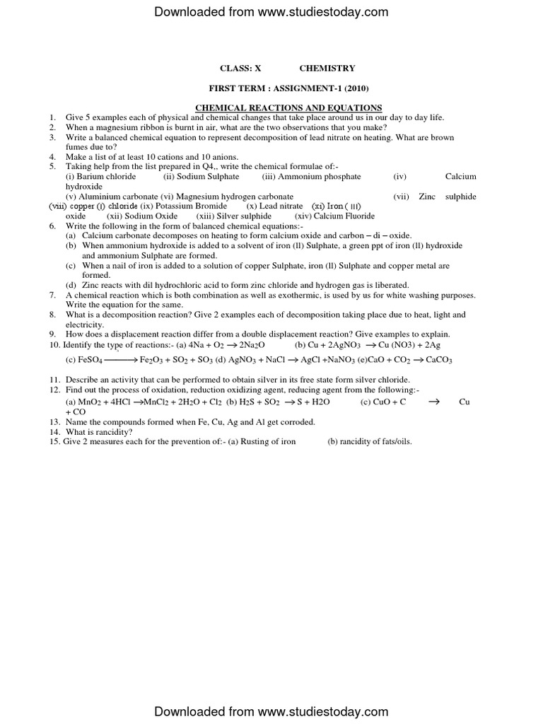 CBSE Class 10 Chemistry Worksheet | PDF | Oxide | Hydroxide