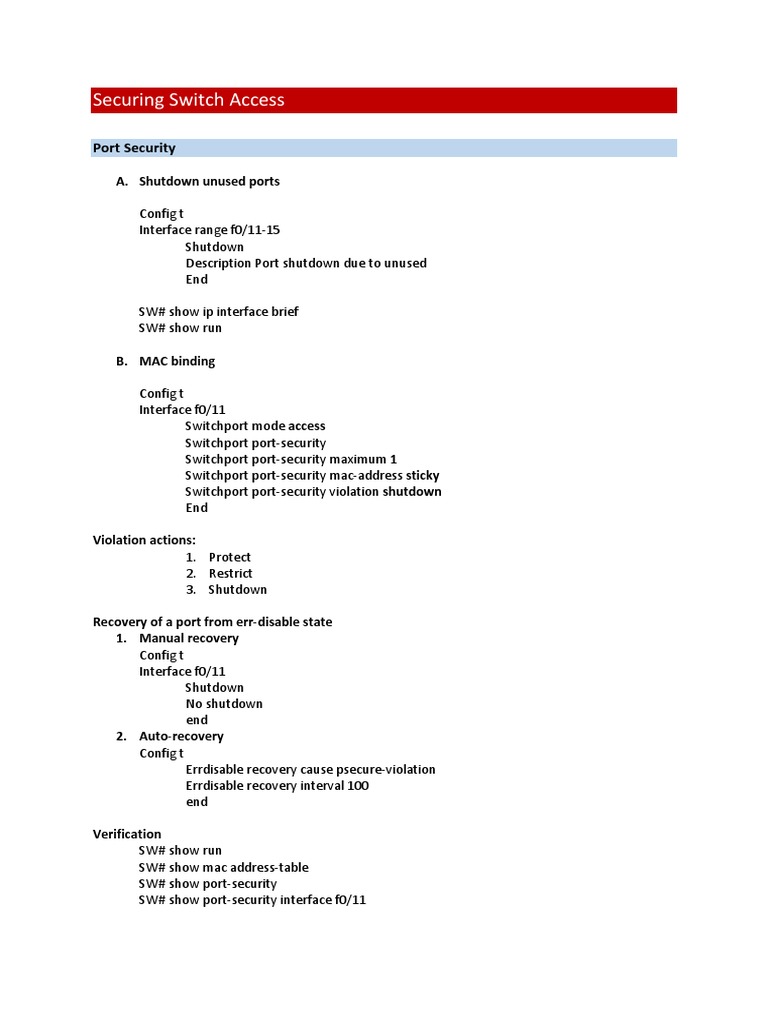 Securing Switch Access | PDF | Ip Address | Communications Protocols