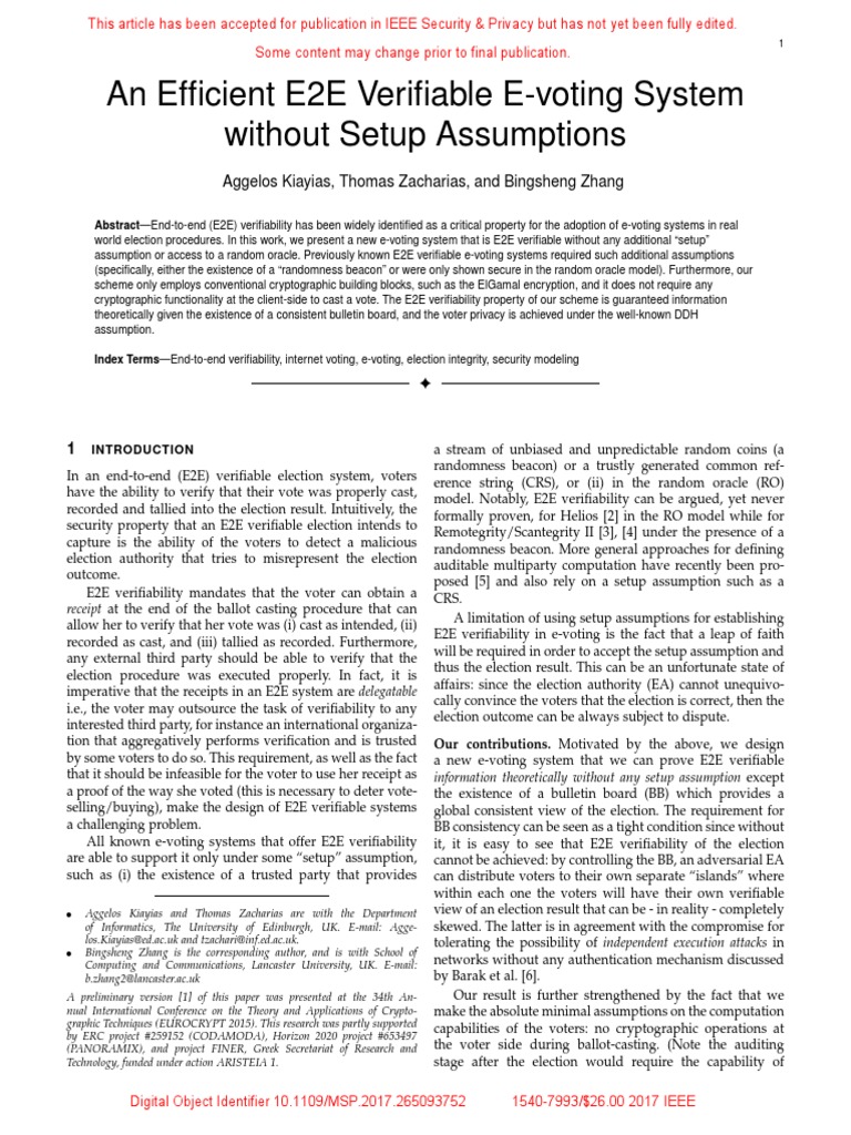 An Efficient E2E Verifiable E-Voting System Without Setup Assumptions | PDF | Electronic Voting ...