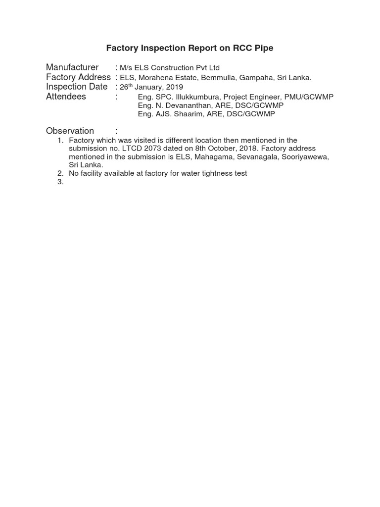 RCC Pipe Factory Inspection Report | PDF