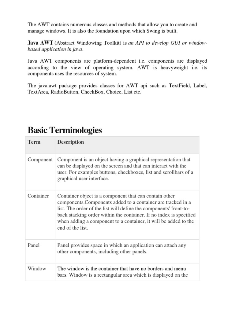 Basic Terminologies Java Awt Abstract Windowing Toolkit Is An Api To Develop Gui Or Window