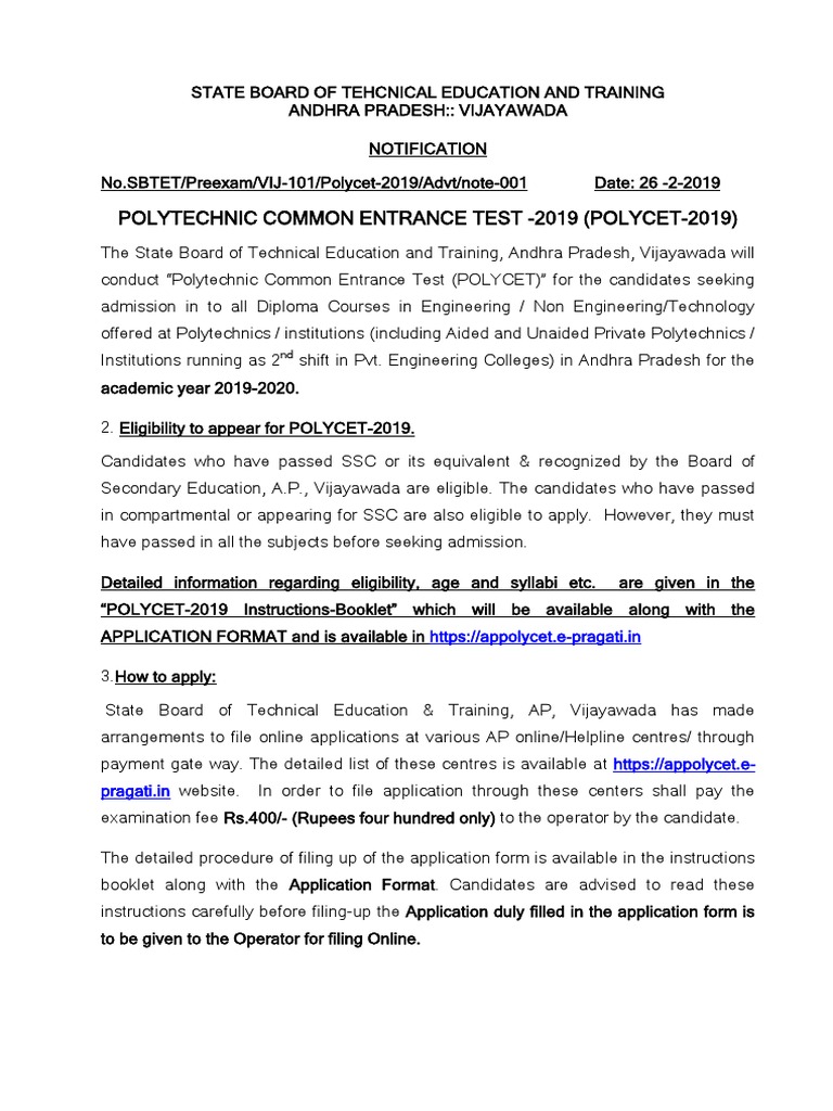 Polytechnic Common Entrance Test - 2019 (Polycet-2019) | PDF ...