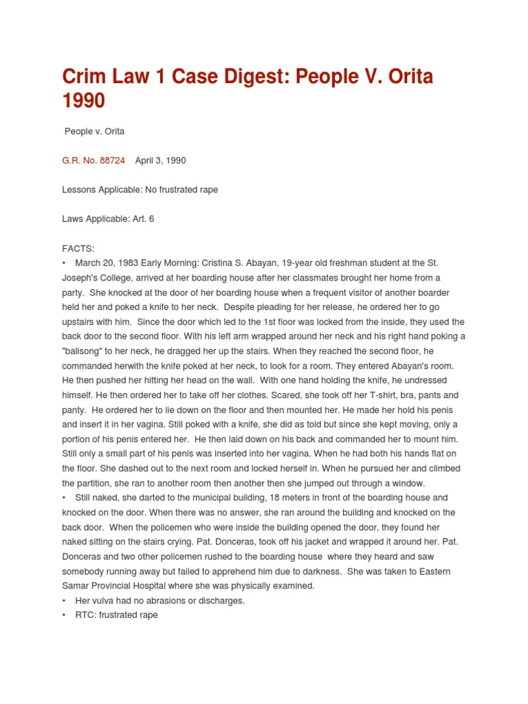 Crim Law 1 Case Digest: People V. Orita 1990: G.R. No. 88724 | PDF | Rape | Social Institutions