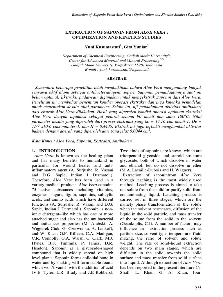 Extraction of Saponin From Aloe Vera: Optimization and Kinetics Studies ...