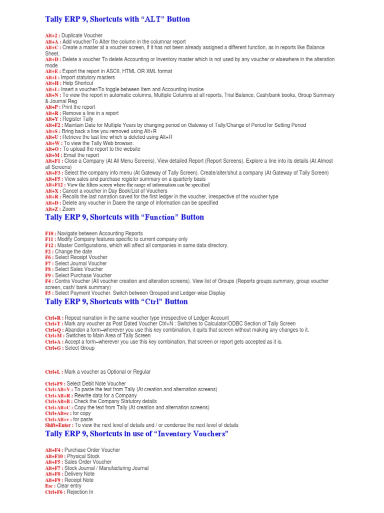 Keyboard Shortcuts for Common Functions in Tally ERP 9 | PDF | Voucher ...