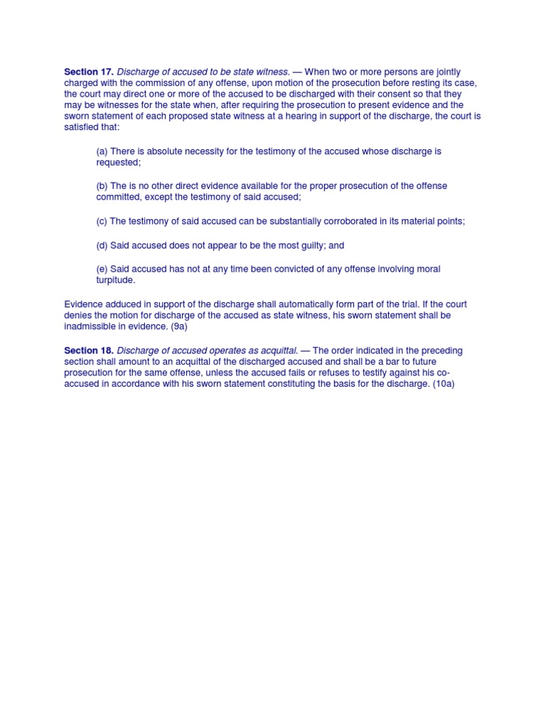 Section 17. Discharge of Accused To Be State Witness | PDF