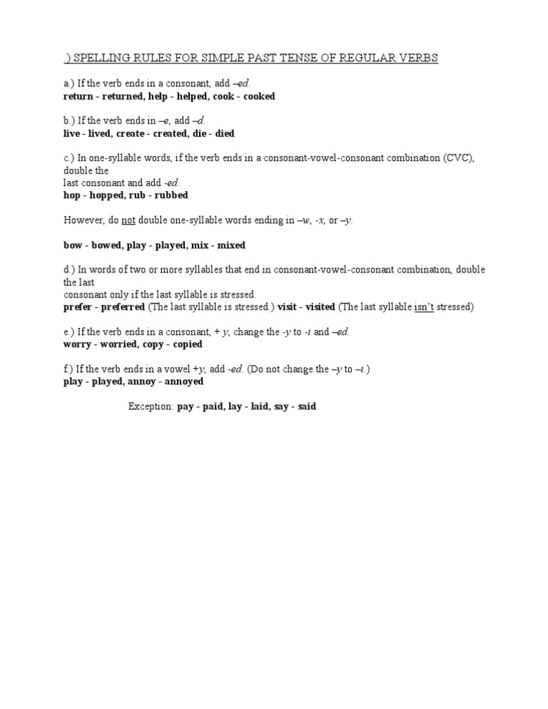 Spelling Rules For Simple Past Tense of Regular Verbs | PDF