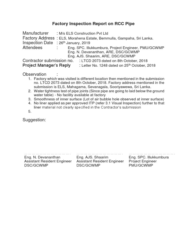 RCC Pipe Factory Inspection Report | PDF | Home & Garden | Science ...