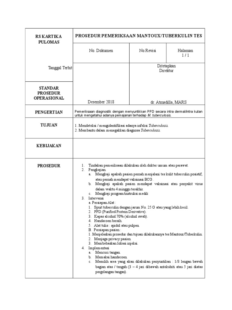SOP Tuberkulin, Mantoux | PDF | Sains & Matematika