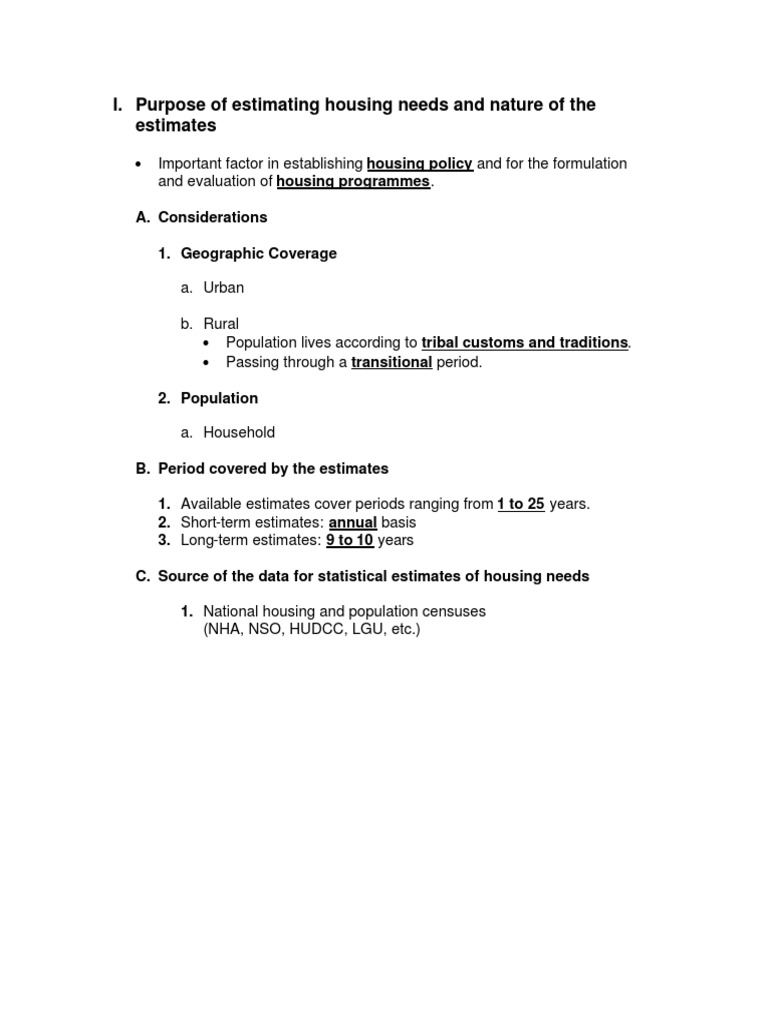 I. Purpose of Estimating Housing Needs and Nature of The Estimates ...