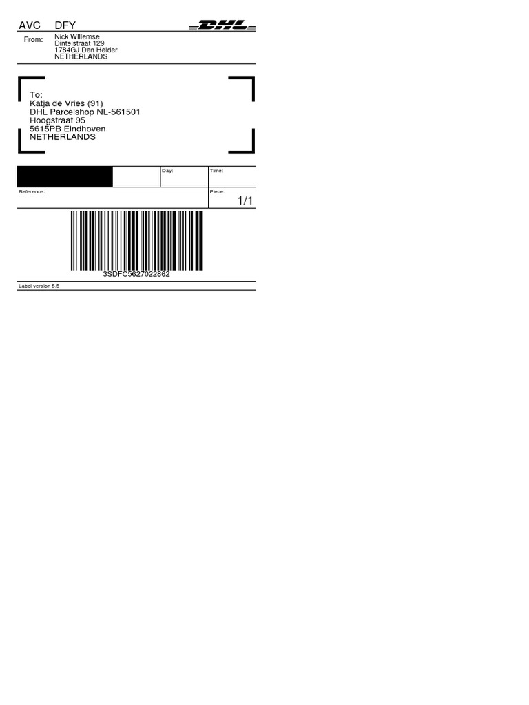 AVC DFY: To: Katja de Vries (91) DHL Parcelshop NL-561501 Hoogstraat 95 ...